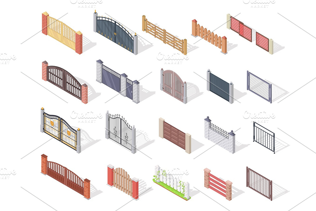 Set of Gates and Fences In Isometric Projection, a Decorative ...