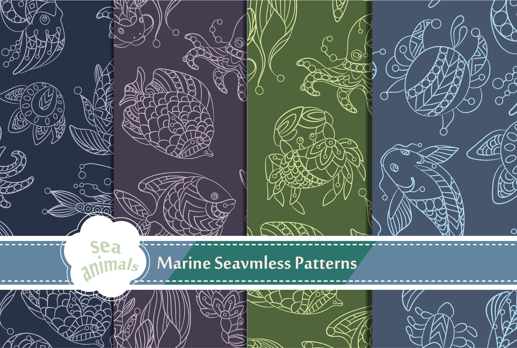 Marine Life 4 Seamless Patterns, a Pattern Graphic by YuliaFHT