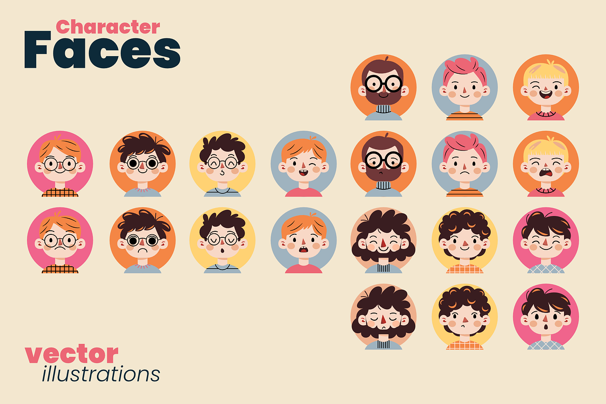 Character Faces Set, a Person Illustration by Monika_J