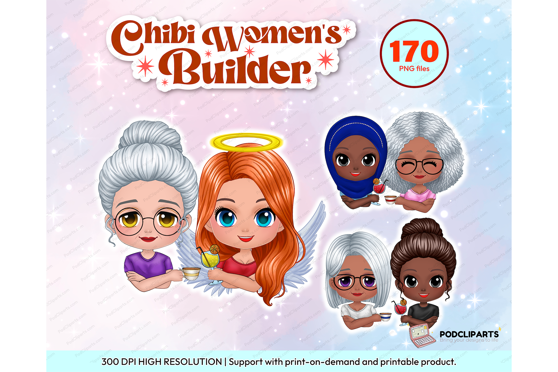 Chibi Women, Old women clipart PNG