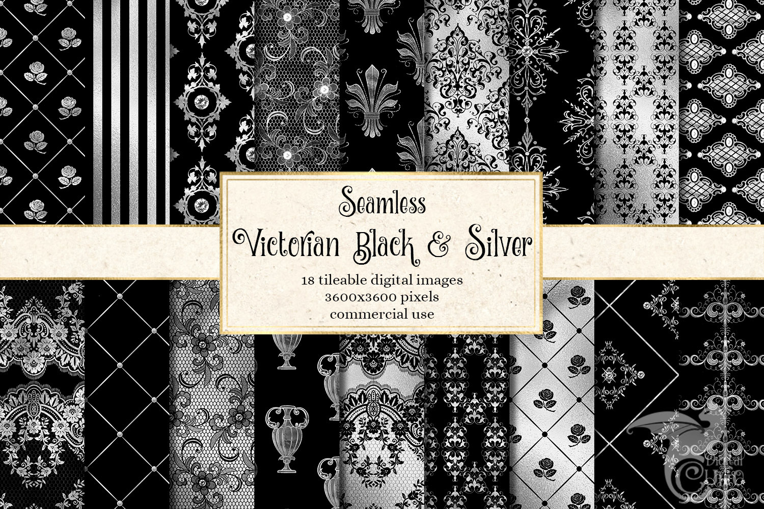 Victorian Black & Silver Patterns, a Pattern Graphic by Digital Curio