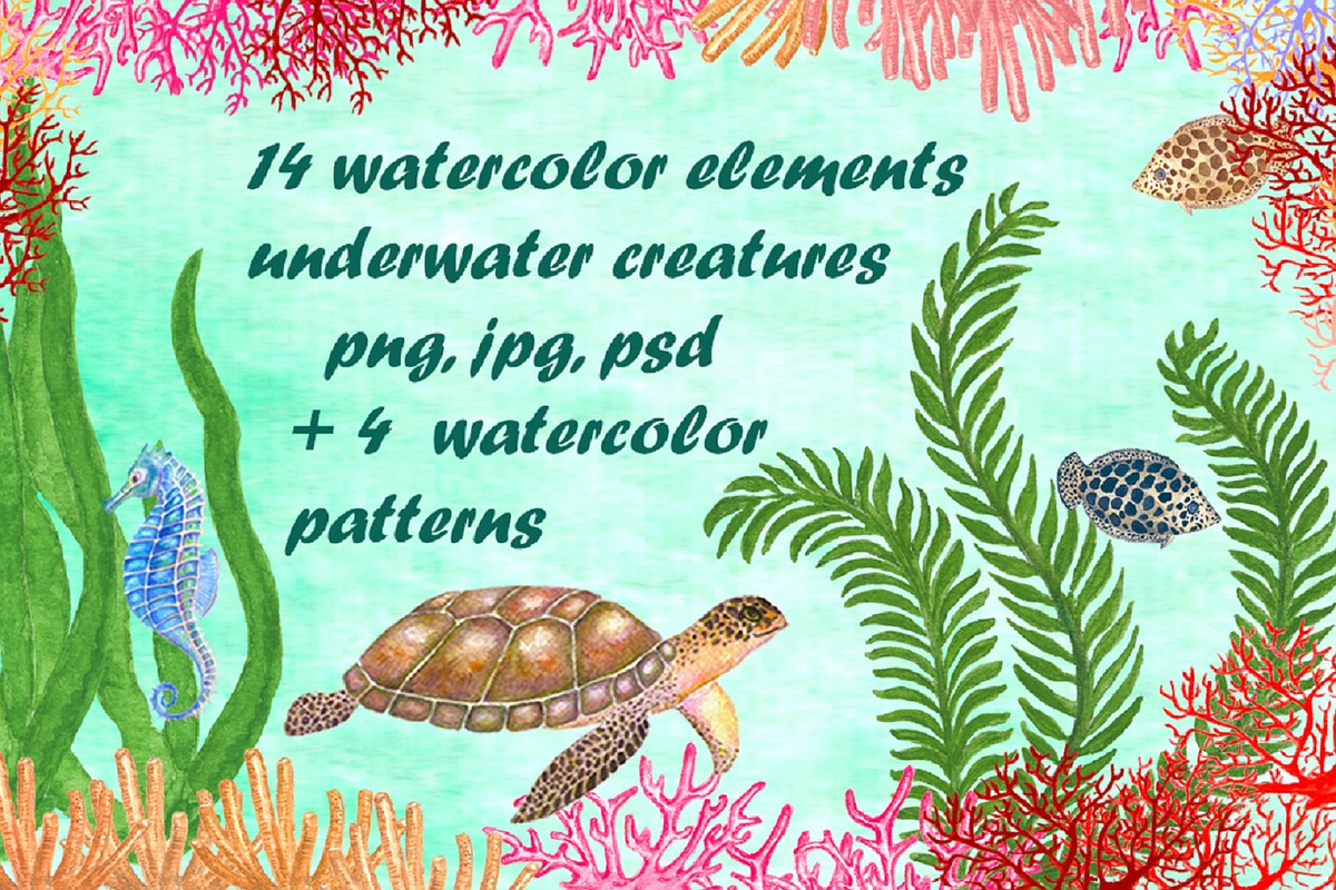 Set of watercolor sea creatures.