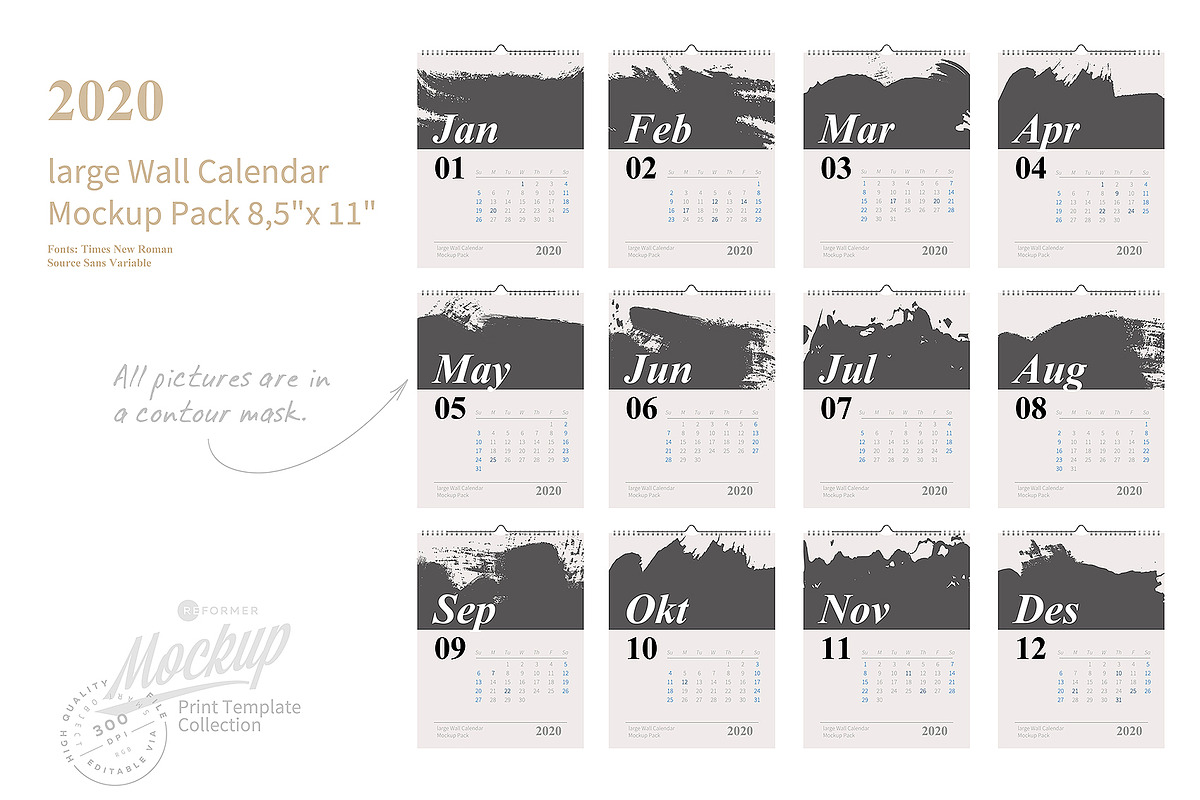 2020 large Wall Calendar Mockup Pack, a Print Template by Reformer ...