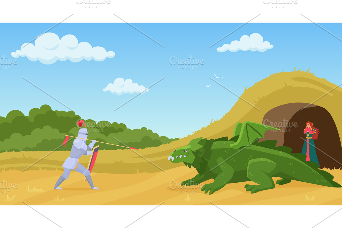 Knight fighting with dragon, an Illustration by Lemberg Vector ...