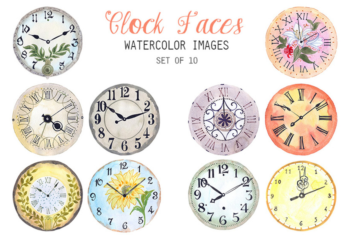 Watercolor Clock Faces Clipart, an Illustration by YesFoxy