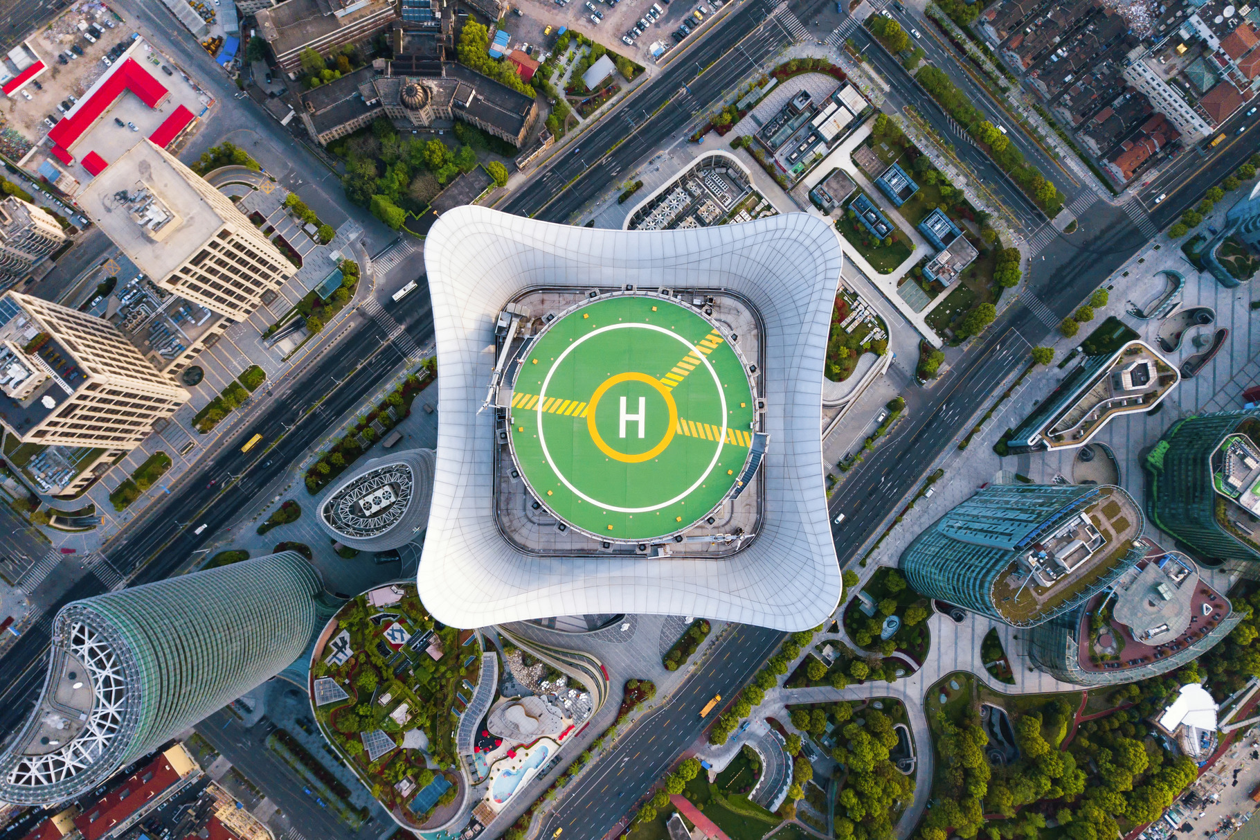 Aerial view of helipad helicopter l containing modern, aerial, and ...