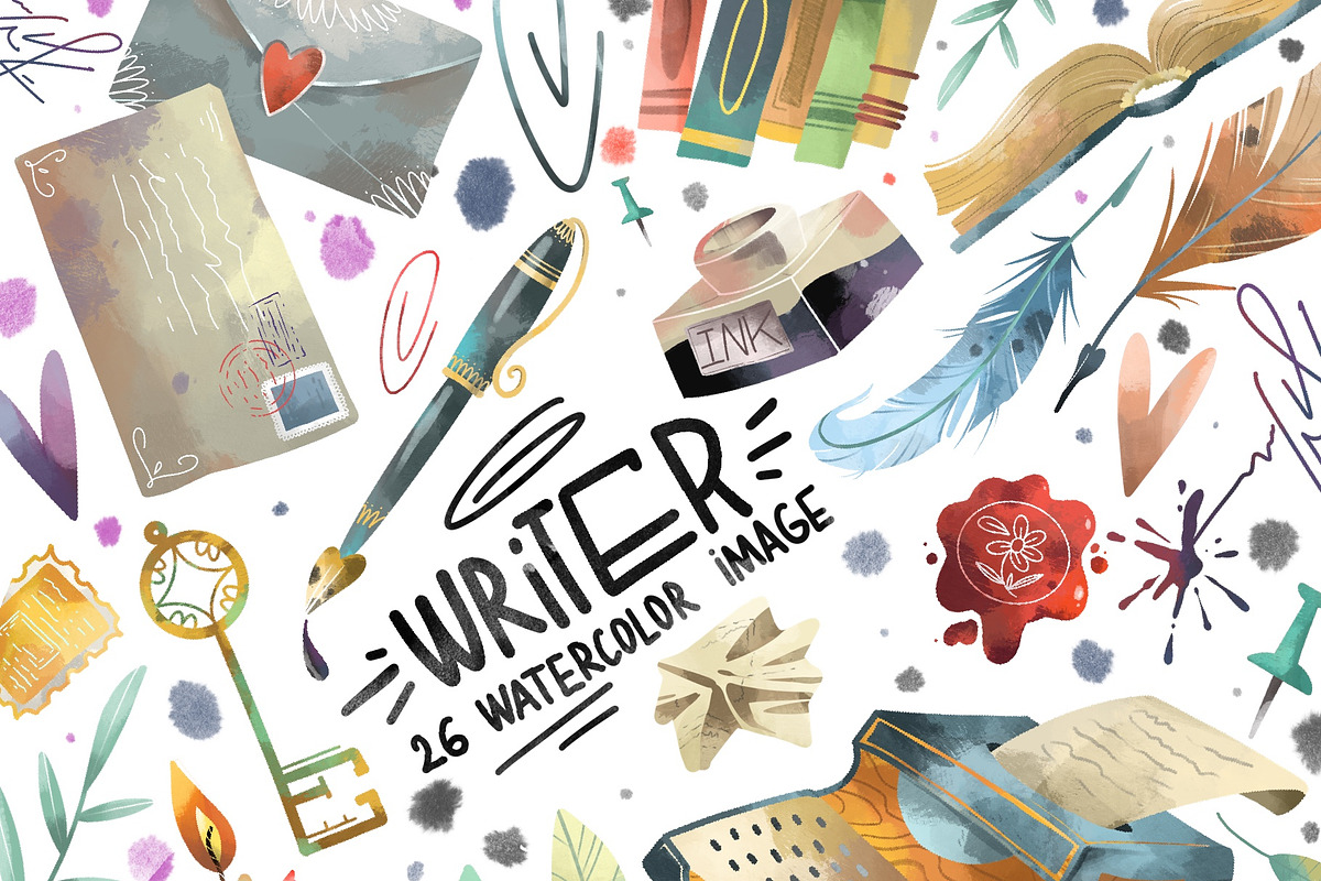 Writer Watercolor Clipart, a Work Illustration by NKTKNS