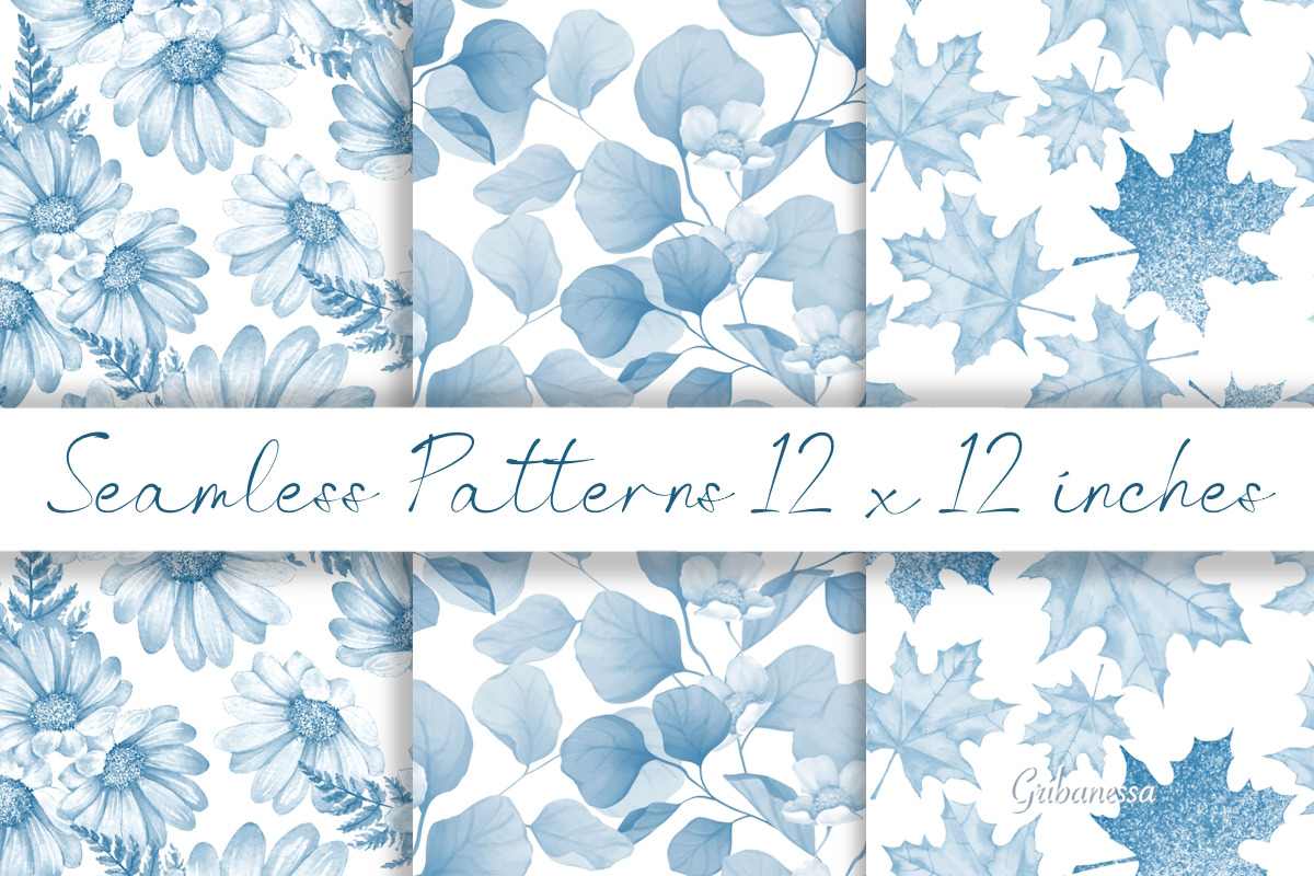 Blue monochrome seamless patterns, a Pattern Graphic by Gribanessa