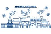 USA, Wisconsin, Madison winter city skyline. Merry Christmas and Happy ...