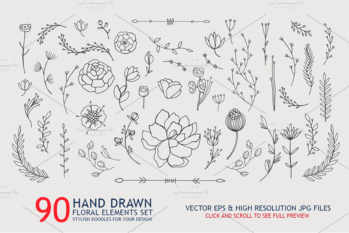 90 hand drawn floral elements set, a Decorative Illustration by Anttoniu