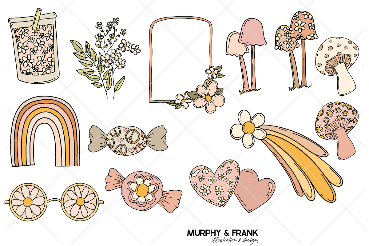 Groovy Retro Daisy Clipart Bundle, a Graphic by Murphy & Frank