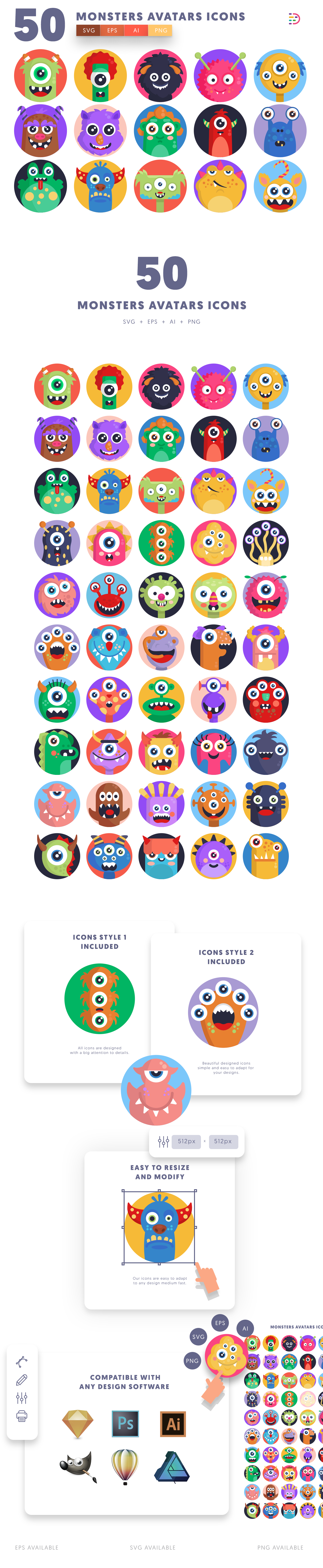 Monsters Avatars Icons | Download SVG, PNG, EPS Icons | Creative Market