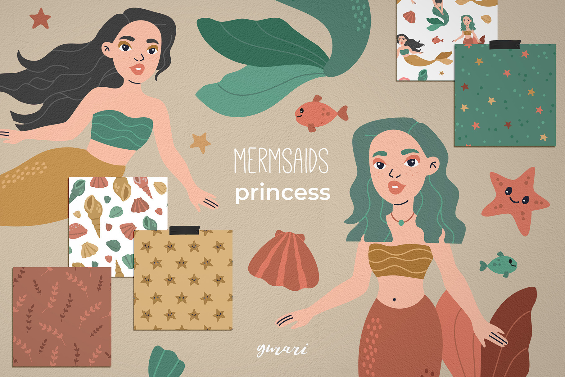 Mermaids princess - clip art, an Animal Illustration by gurariArt
