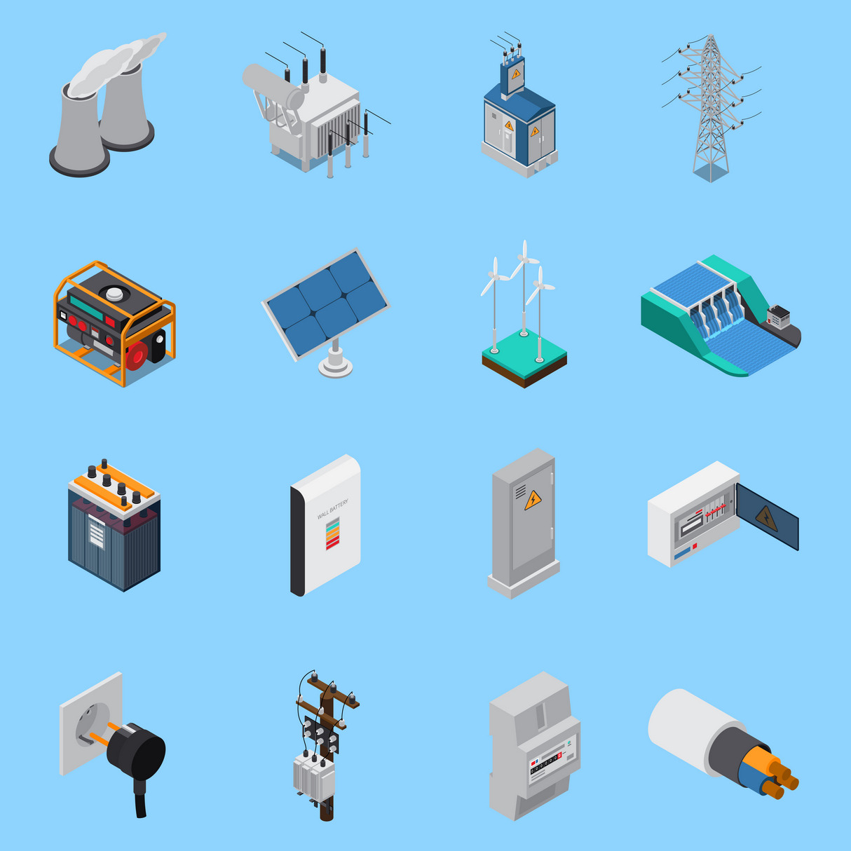 Electricity isometric icons set, an Outline Icon by Macrovector