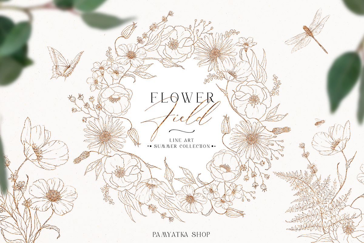 Flower field - line art floral set, a Decorative Illustration by ...