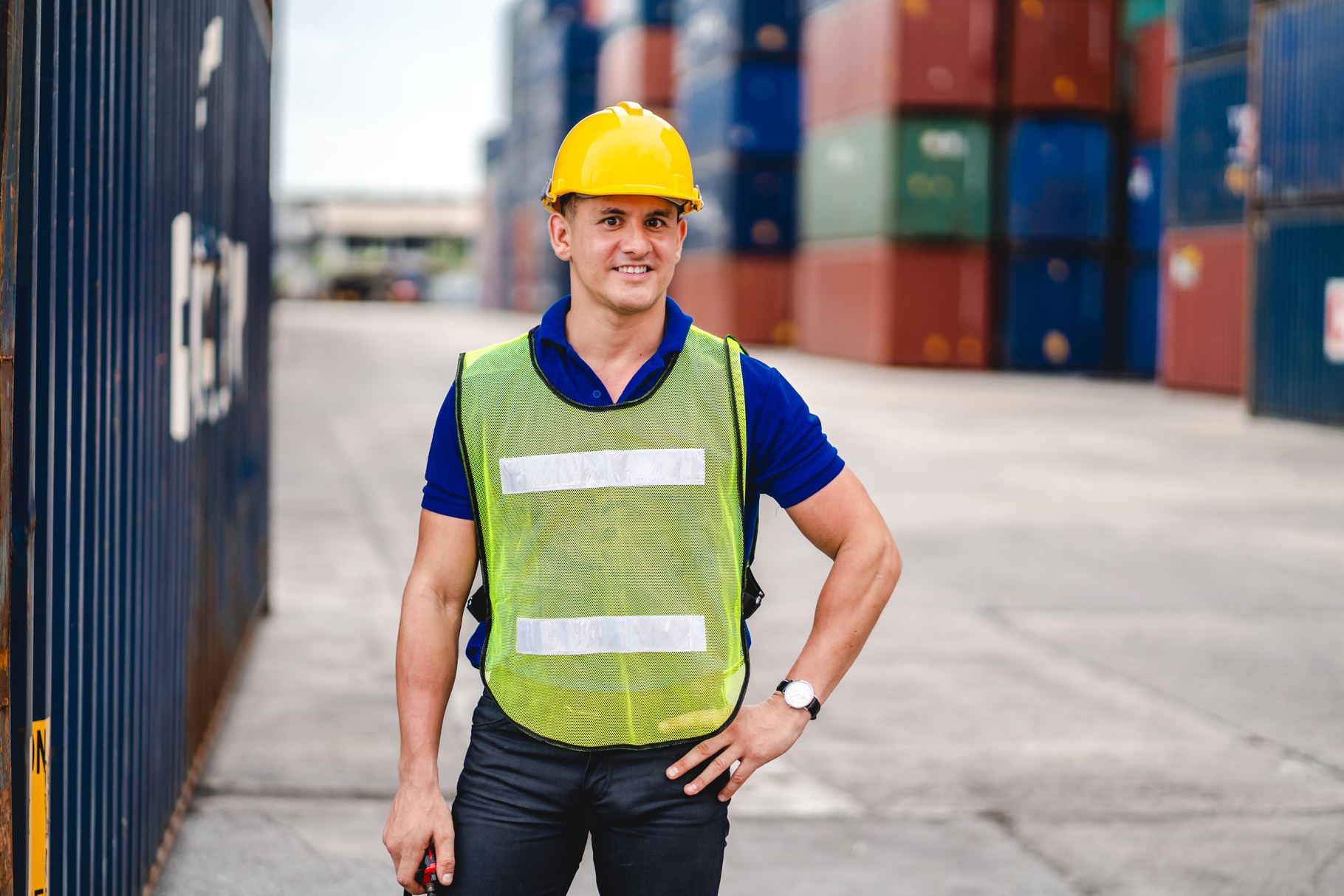Professional engineer container cargo foreman in helmets working, a ...