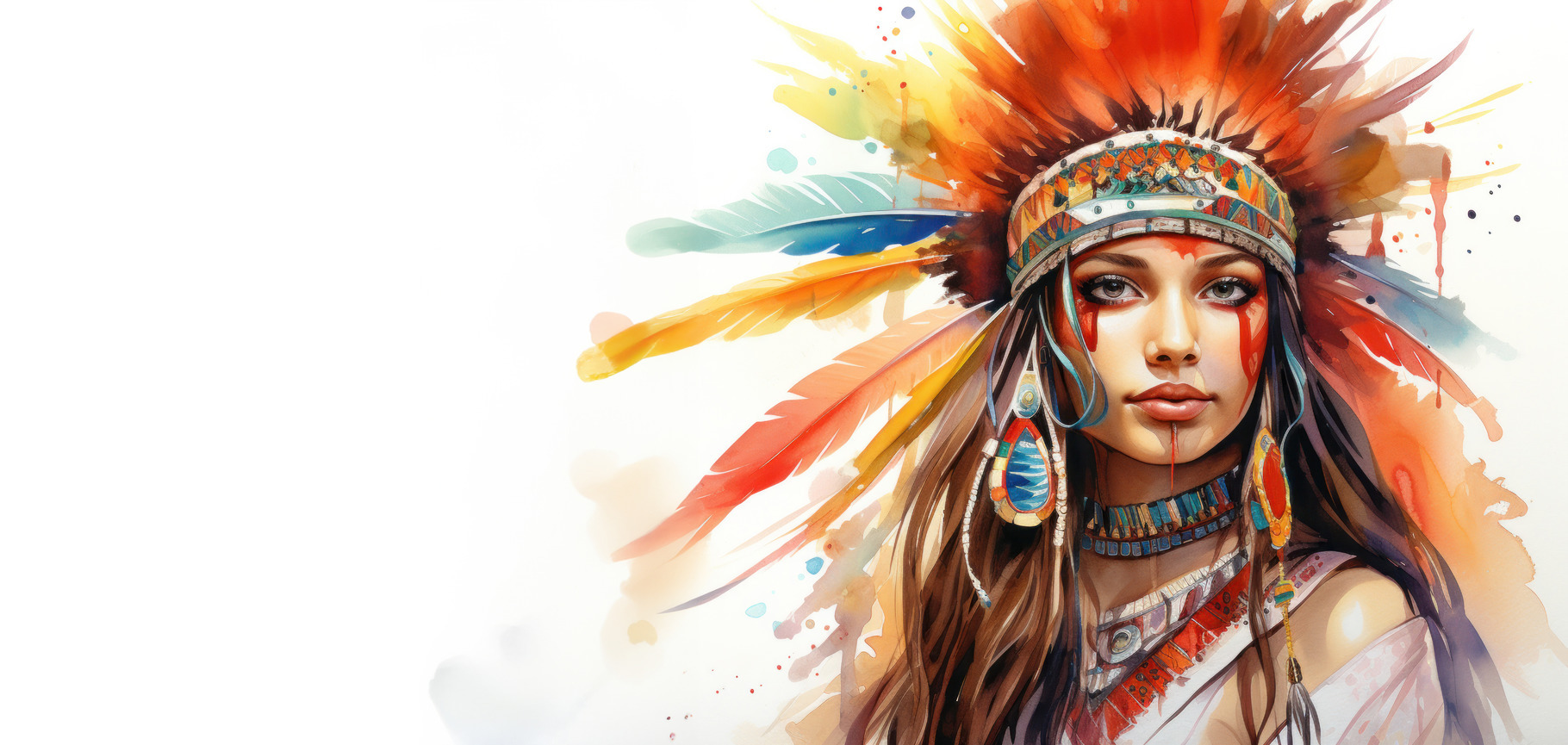 Watercolour illustration of an Apache indian girl with free space, a ...
