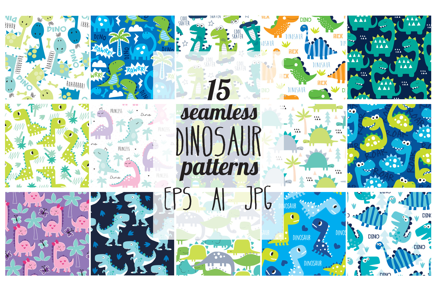 15 dinosaur seamless patterns, a Pattern Graphic by Larienn graphic design