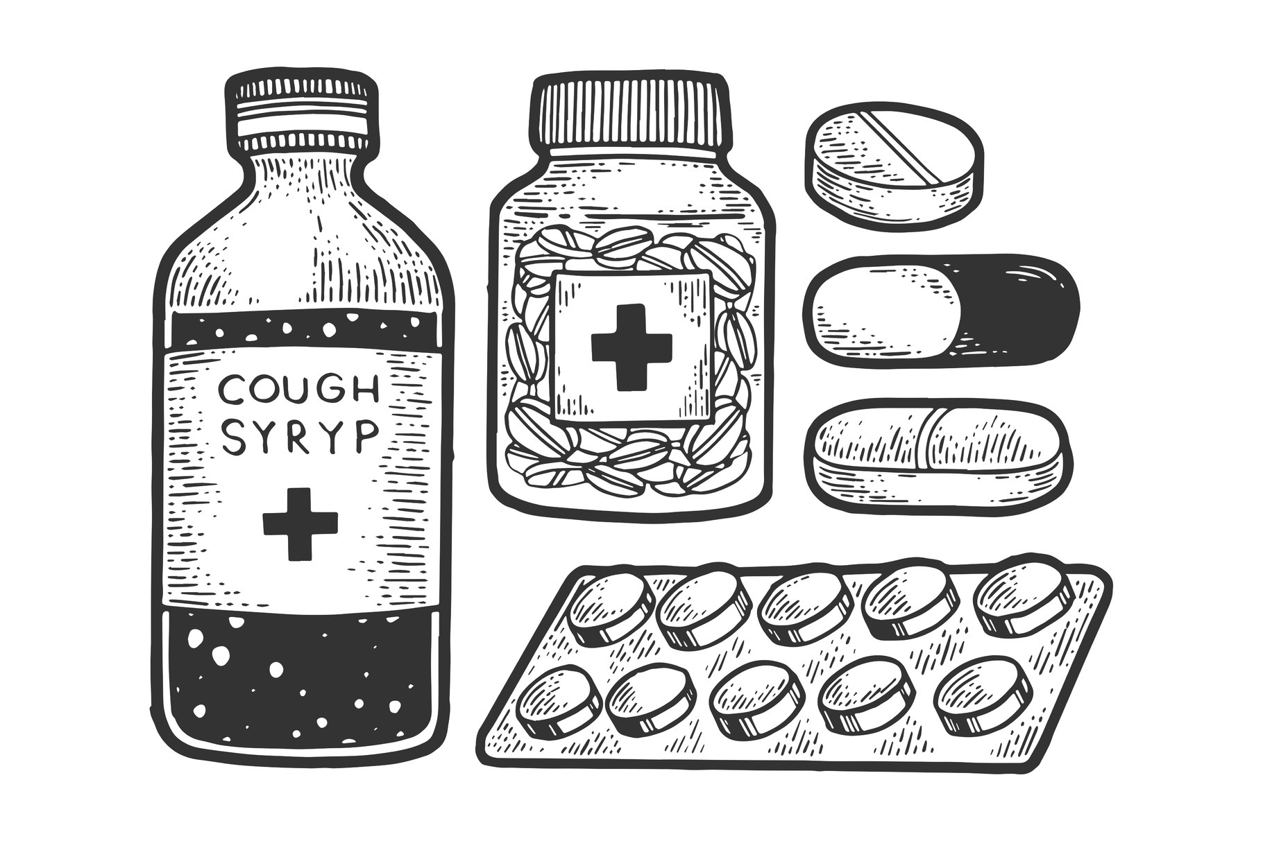 Medicine drug set sketch engraving, an Object Graphic by AlexArt