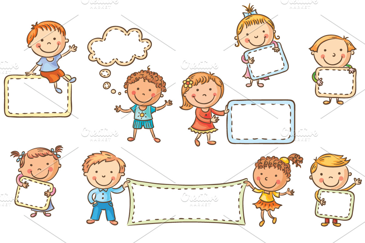 Little cartoon kids with blank signs, an Education Illustration by ...