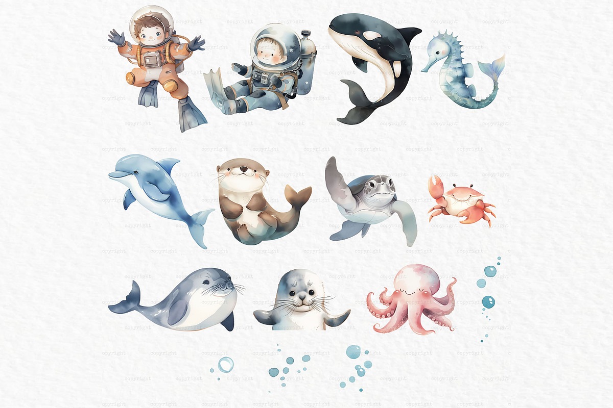 Marine life watercolor clipart PNG, an Animal Illustration by MyLittleMeow