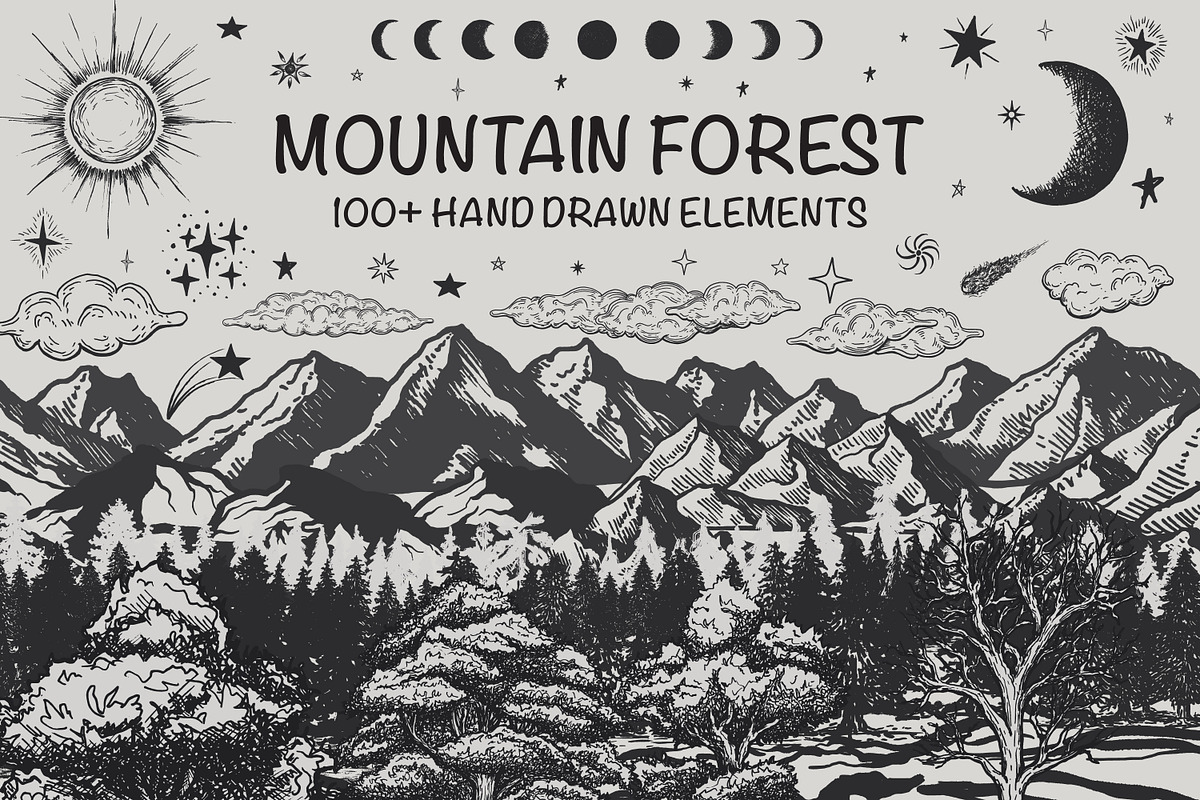 Mountain Forest Hand-drawn Elements, an Illustration by Abi Afandi