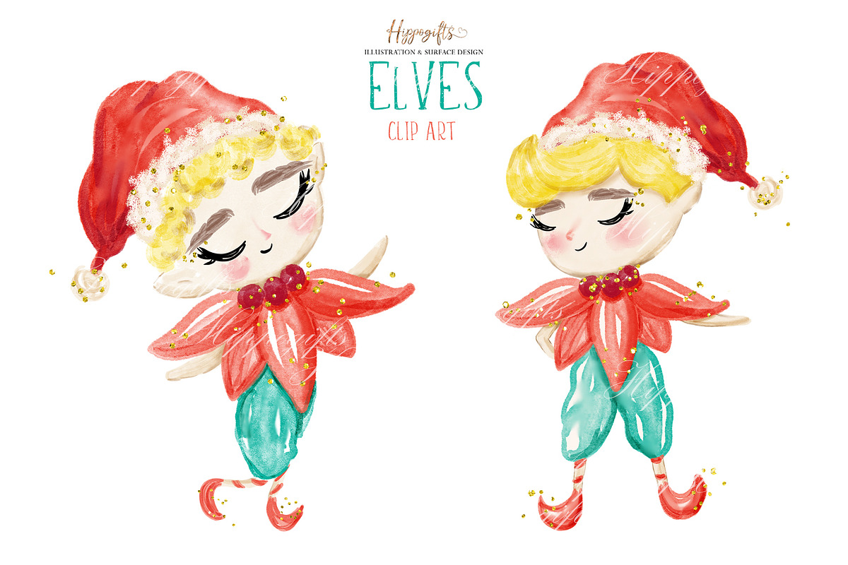 Christmas elves clip art, an Illustration by TheHappyGiftArt