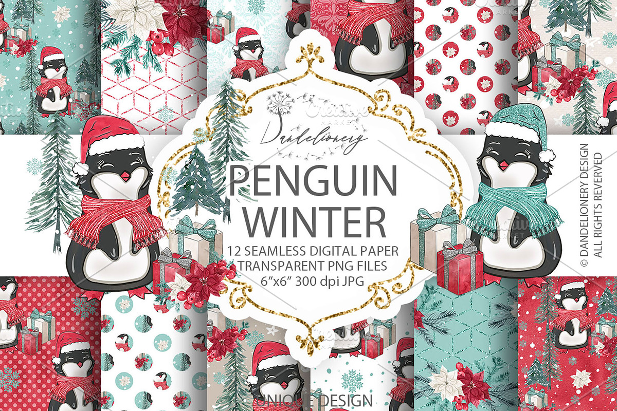 Penguin Winter digital paper pack, a Pattern Graphic by designloverstudio