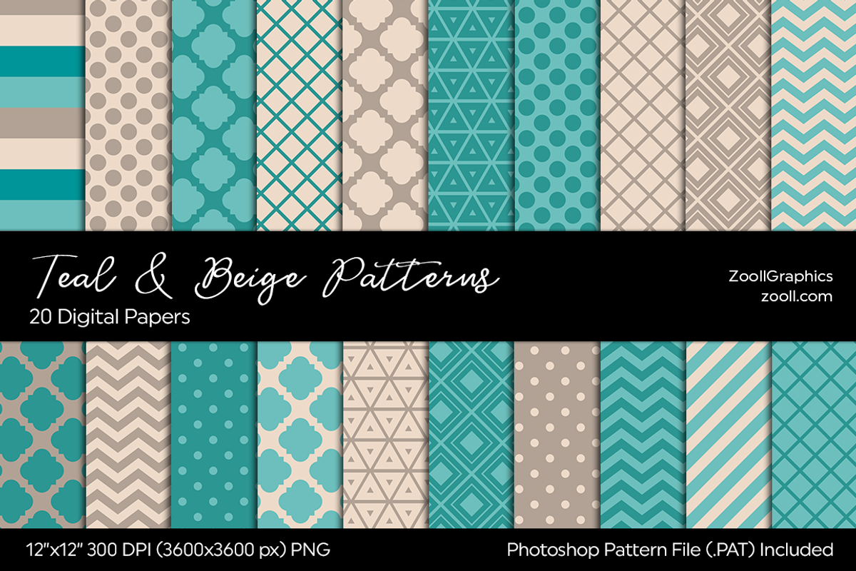 Teal And Beige Digital Papers, a Pattern Graphic by ZoollGraphics