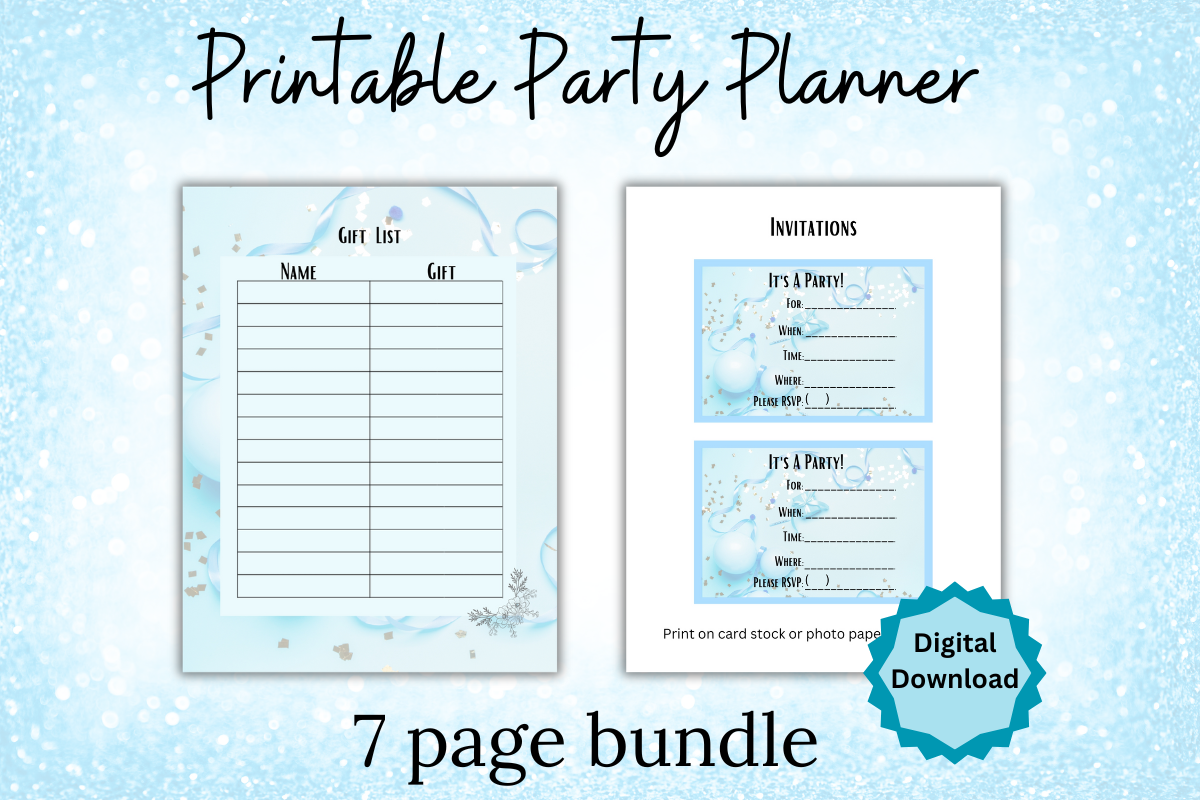 Blue Printable Party Planner PNG, a Stationery Template by Pixels N Bows