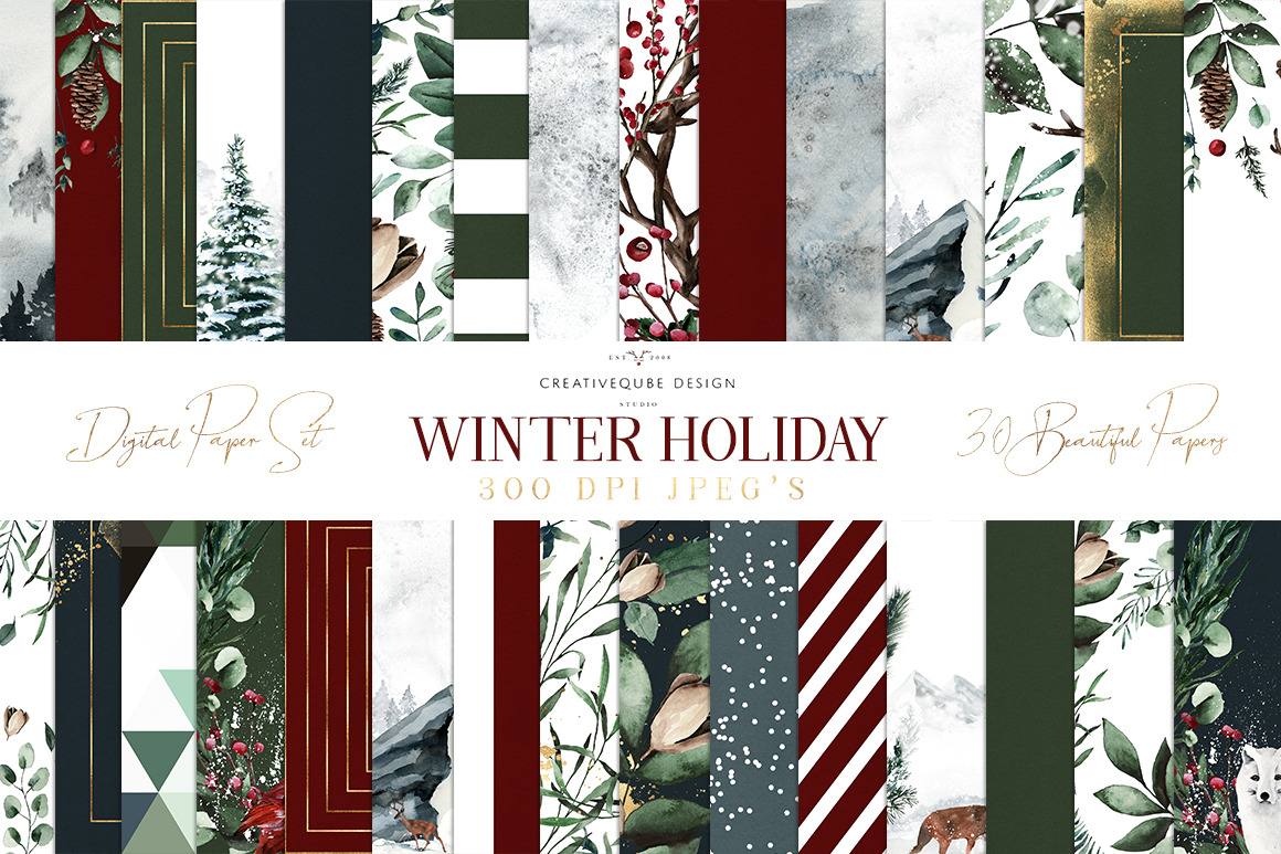 Winter Holiday Digital Paper Set, a Pattern Graphic by Creativeqube ...