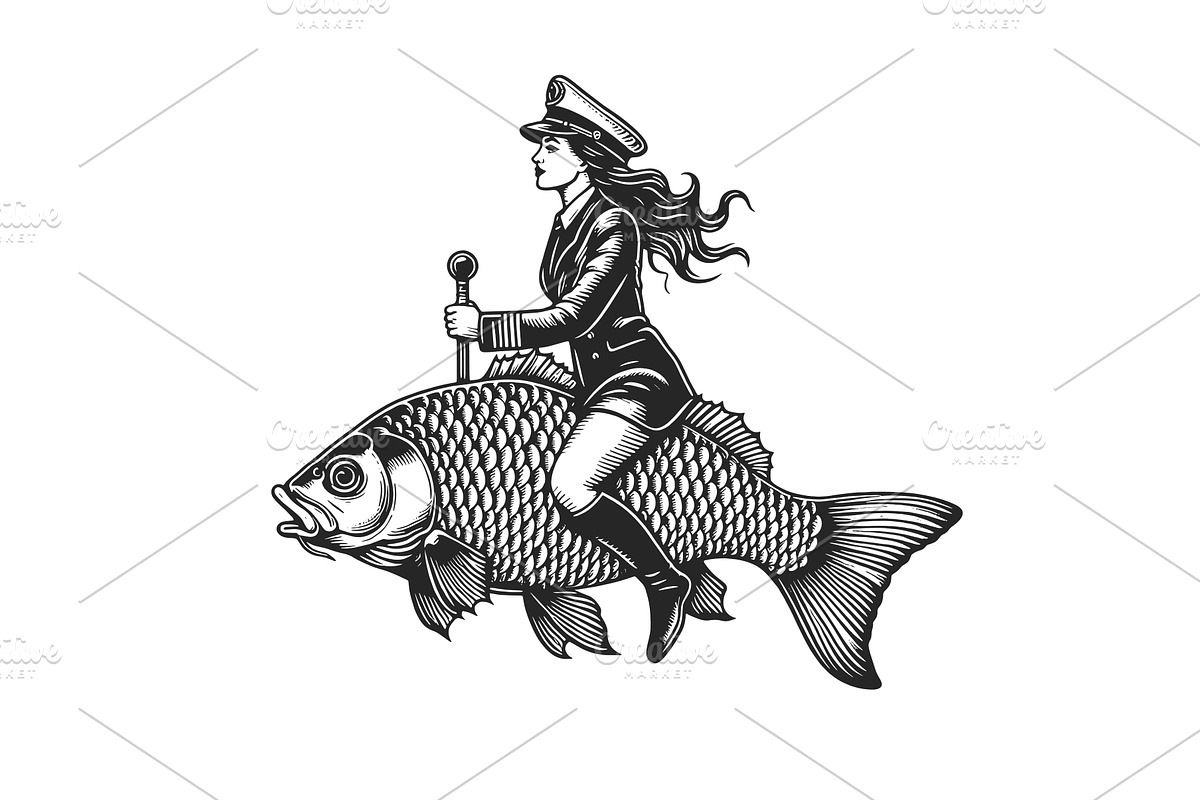 Pirate captain riding fish sketch, a Person Illustration by AlexArt