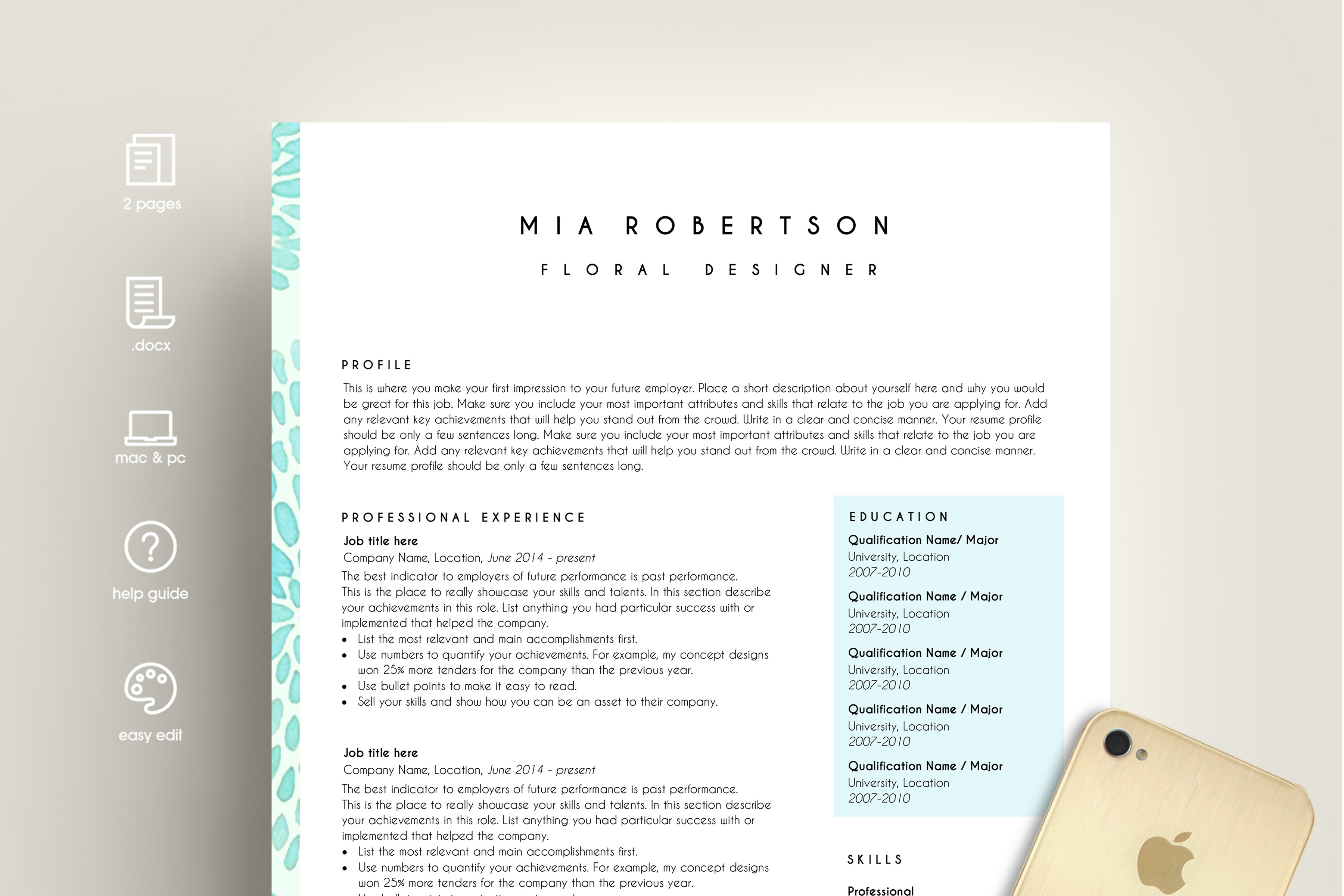 creative resume template word blue, a Resume Template by PinkJellyfish