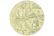 Medieval Cook Kitchen Oval Drawing`, an Illustration by patrimonio