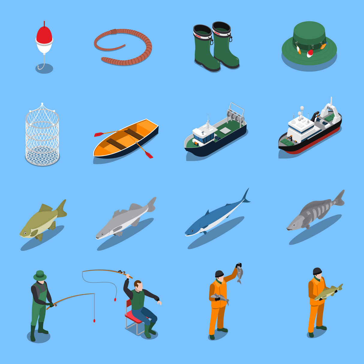 Fishing isometric icons set, an Icon by Macrovector