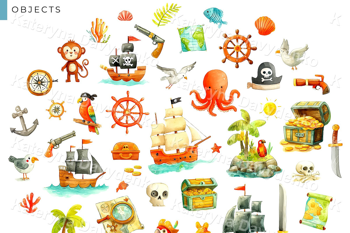 Pirate Kids Bundle Objects Pattern, a Person Illustration by Bubert Art