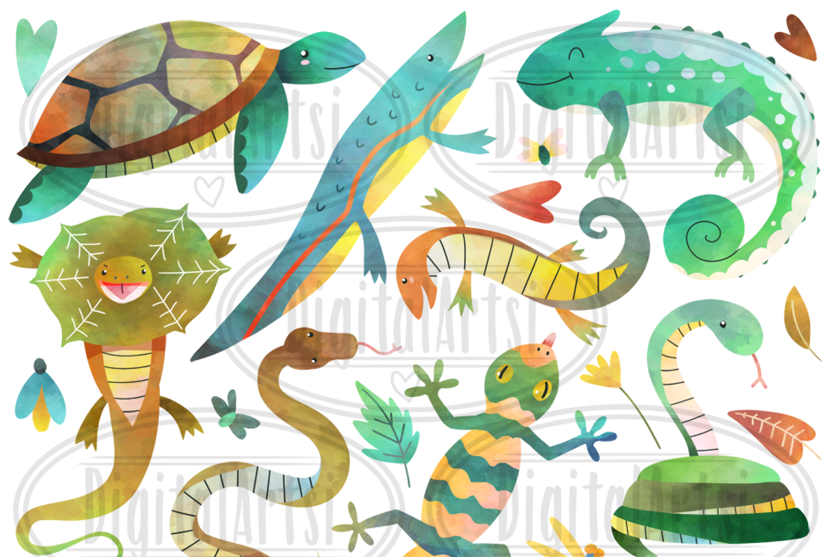 Watercolor Reptiles Clipart, an Illustration by DigitalArtsi