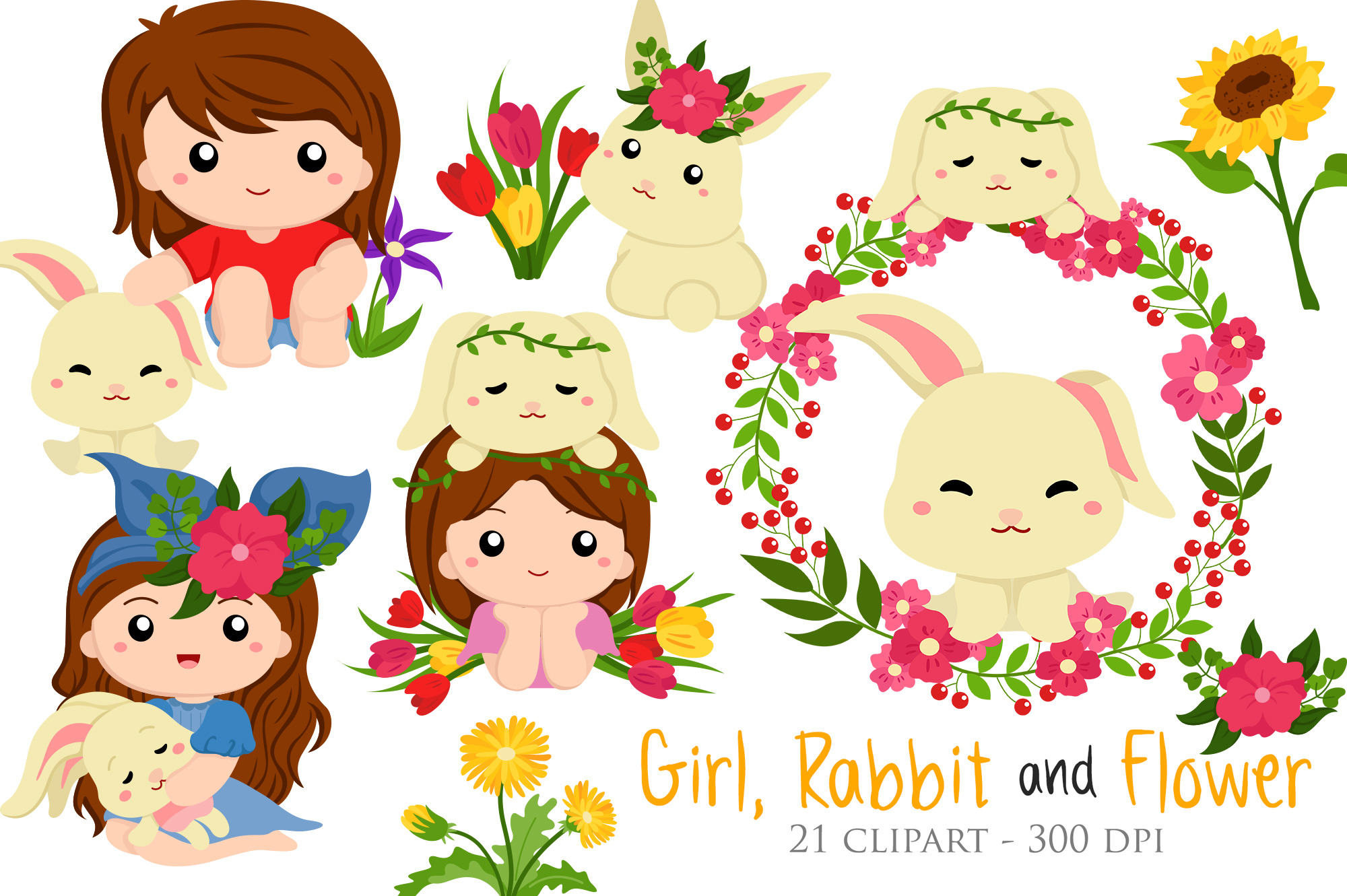 Girl, Rabbit and Flower Vector, a Graphic by Peekadillie Art