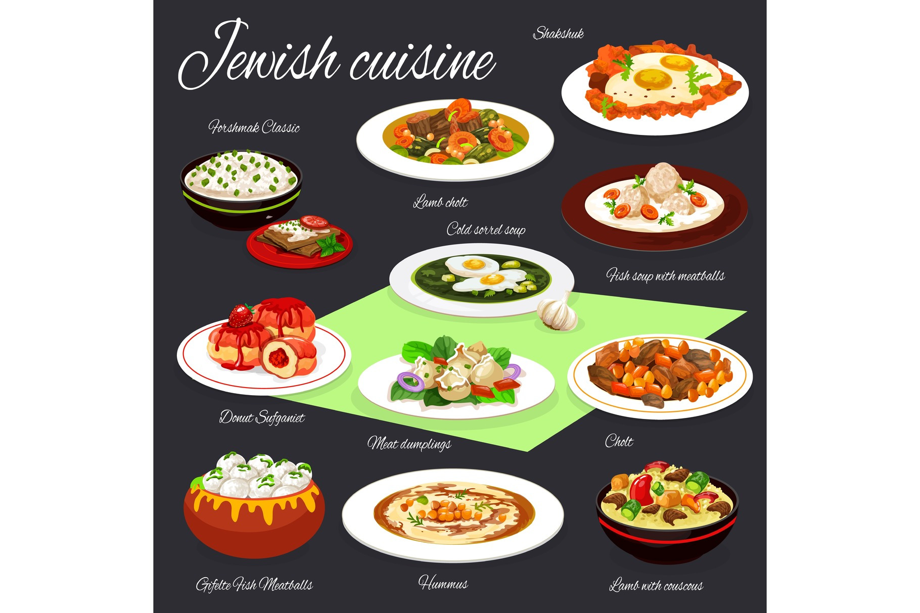 Jewish cuisine dishes, a Food Illustration by Vector Tradition
