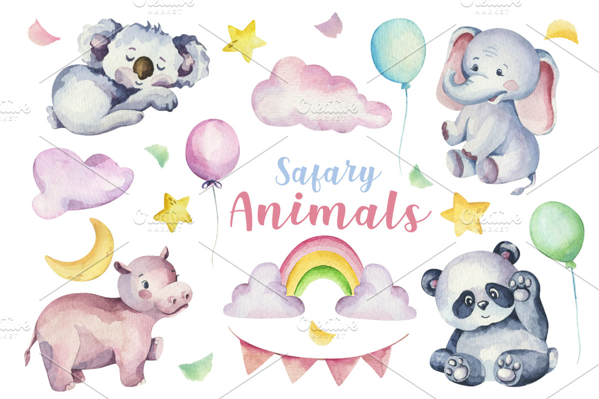 Cute Safari Animals Watercolor Set, an Animal Illustration by Dessign Sells