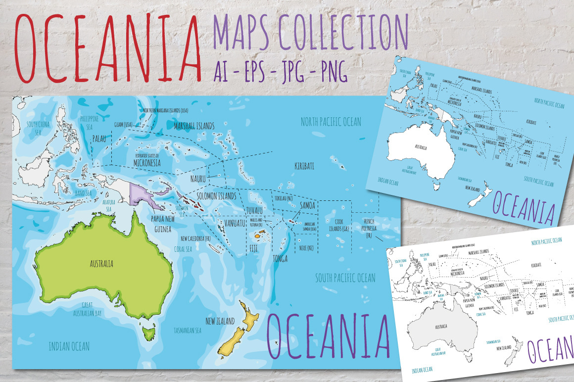 3x Oceania Illustrated Vector Maps