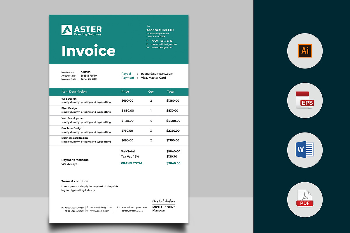 Invoice Template, a Stationery Template by UI_Expert | Creative Market