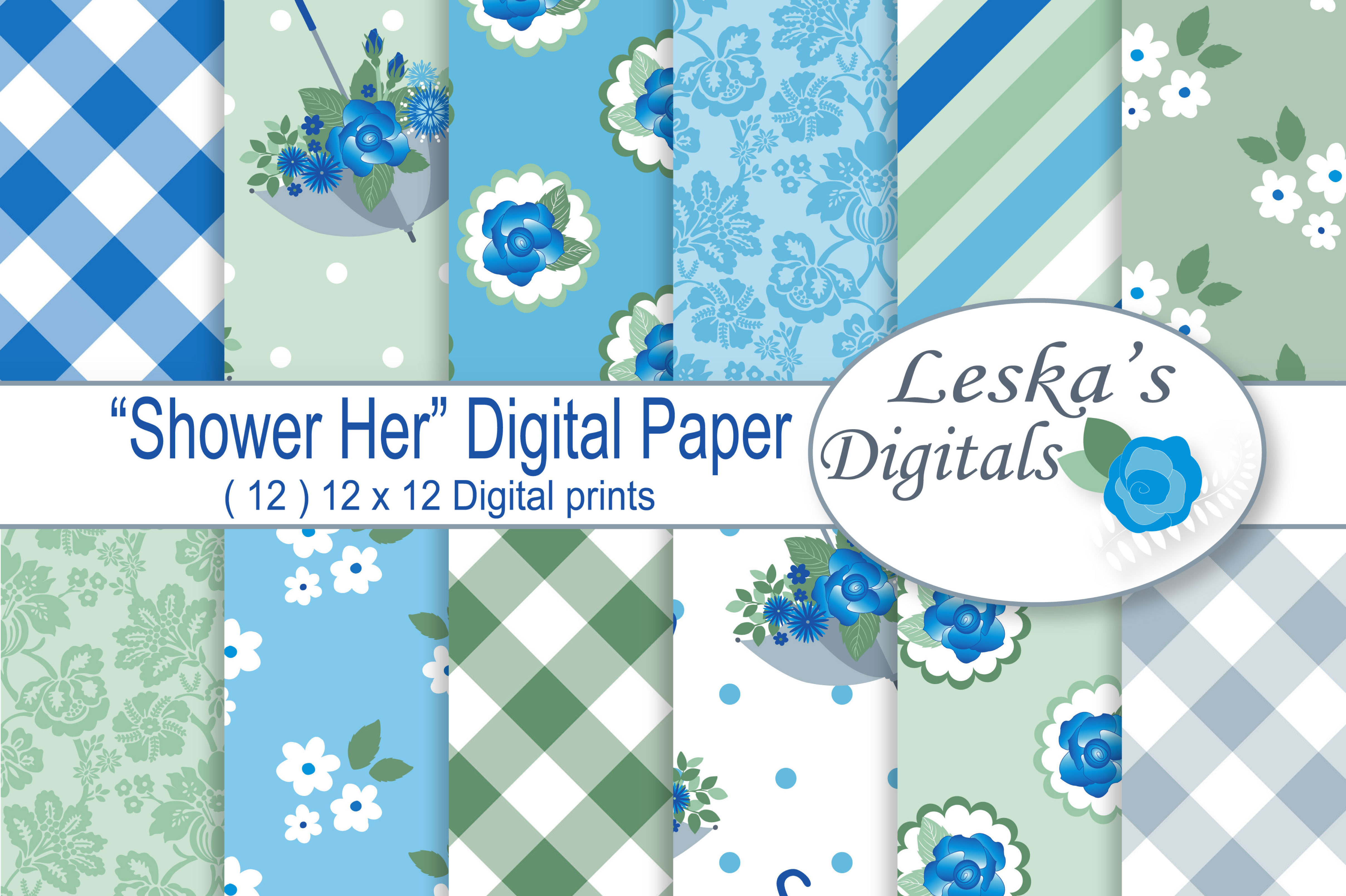 Blue Floral Digital Paper Pack, a Pattern Graphic by Leska's Digitals