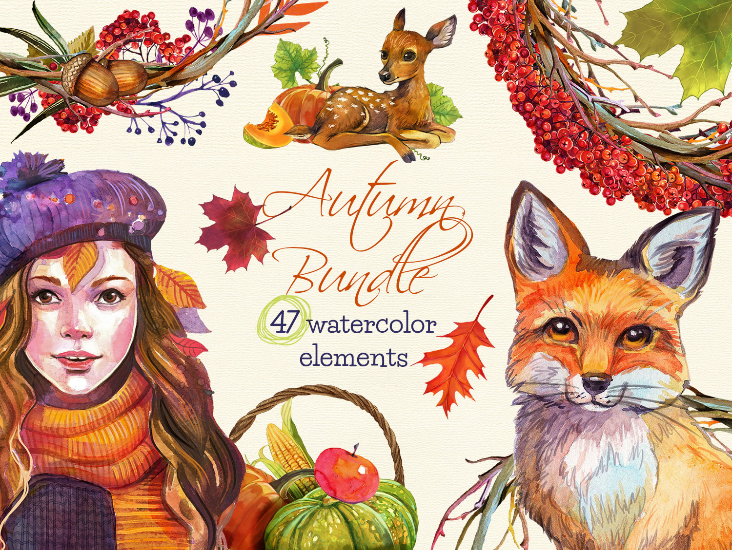 Autumn ClipArt Bundle watercolor, an Illustration by Drumla