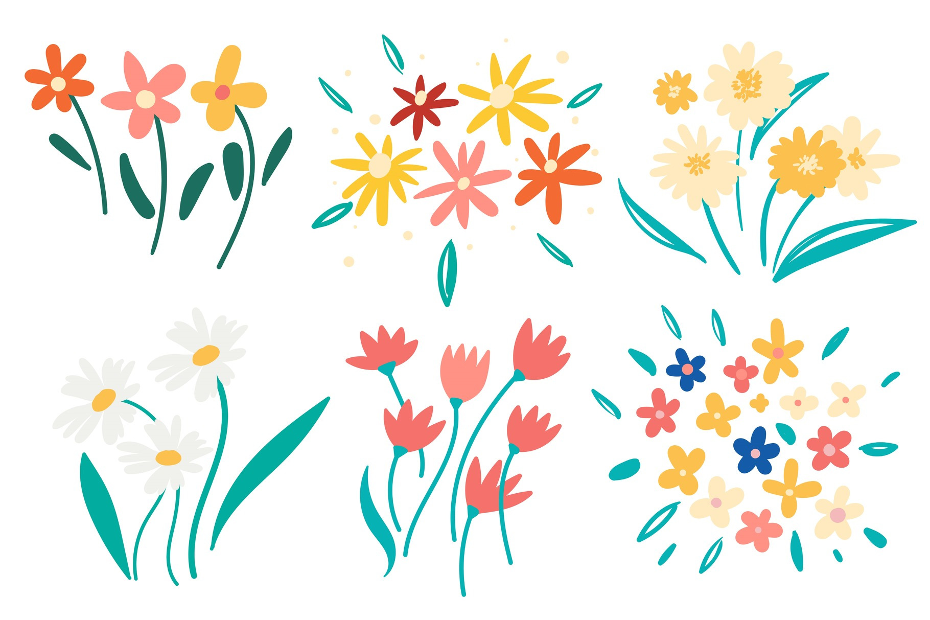 Hand drawn colorful blooming flowers, a Decorative Illustration by ...