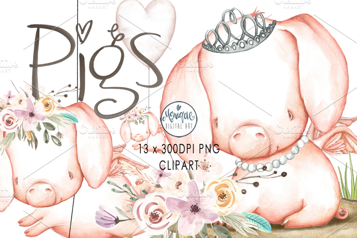 cute pig clipart watercolor, an Illustration by Monique Digital Art