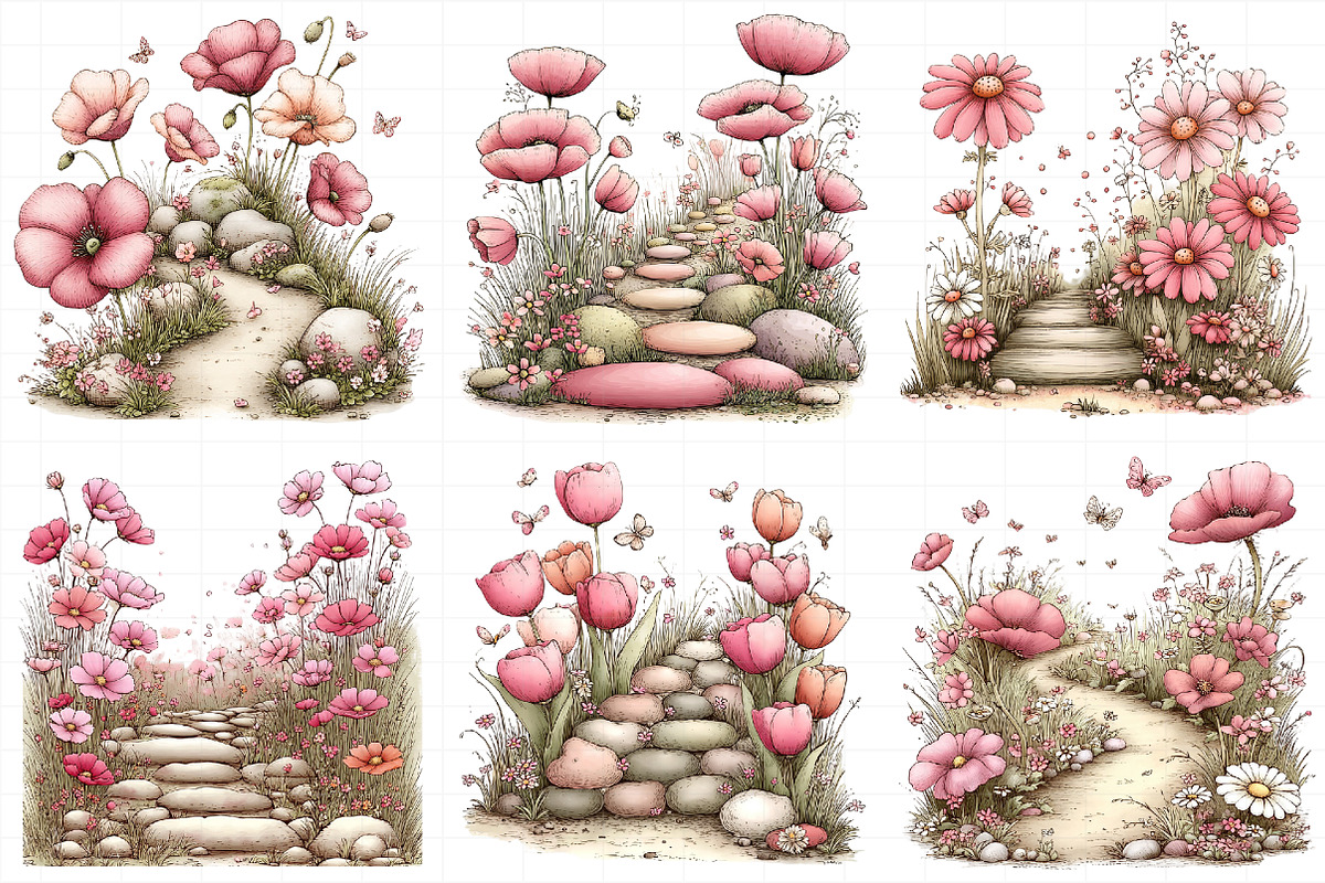 Spring Flowers Pathway Clipart, an Illustration by Daily.Designs