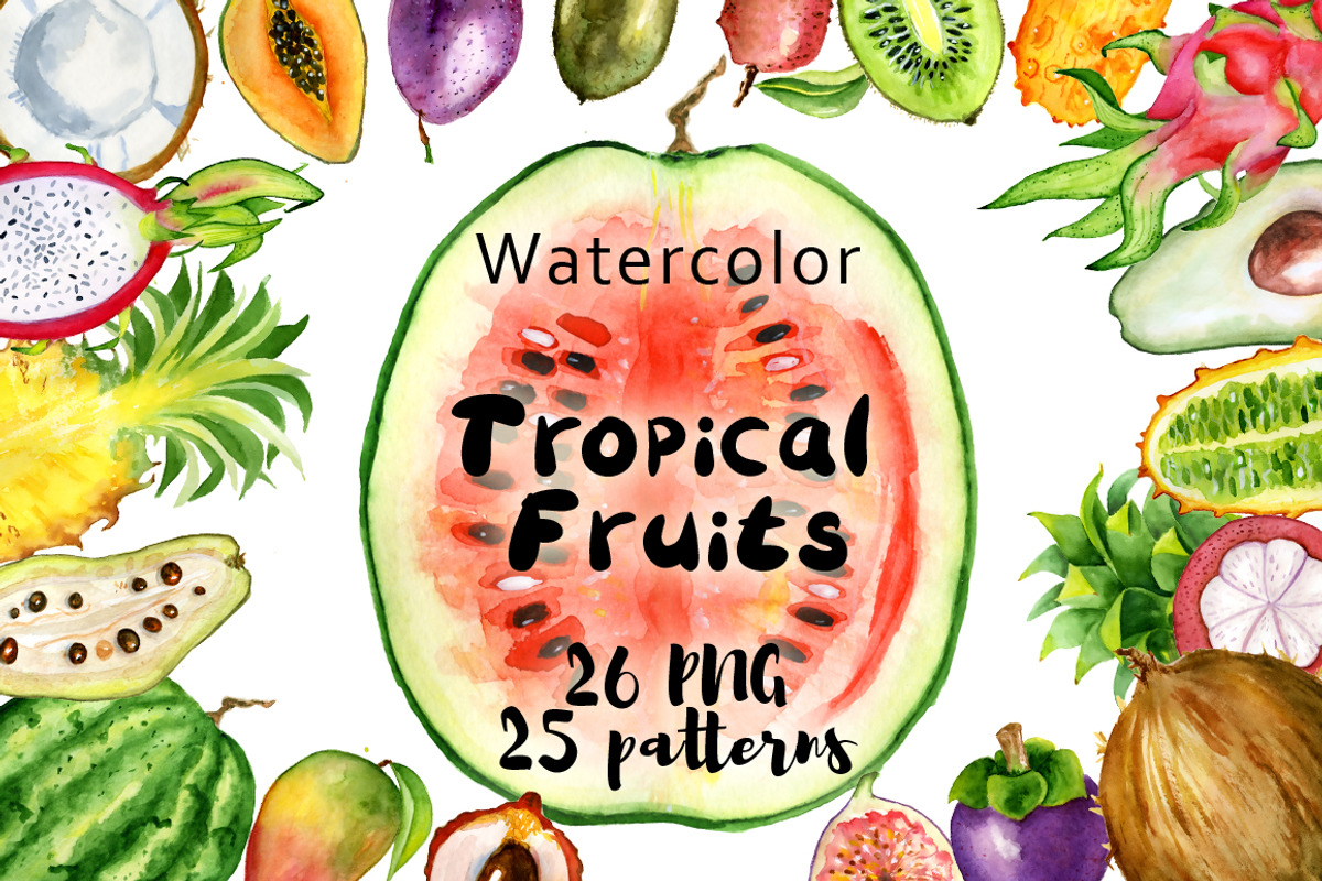 Watercolor tropical fruits clipart, a Food Illustration by Evgeniia