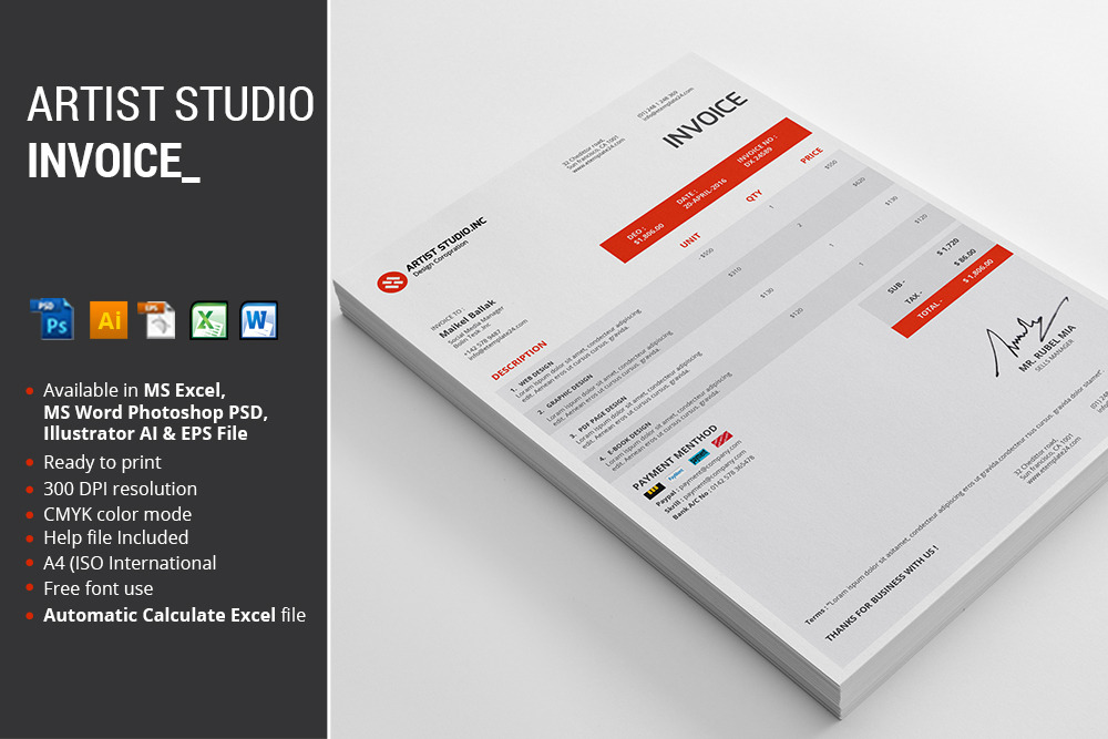 Artist Studio Invoice, a Stationery Template by alimran24