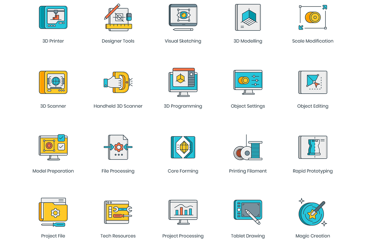 3D Printing & Modeling Icons, an Icon by Flat Icons | Creative Market